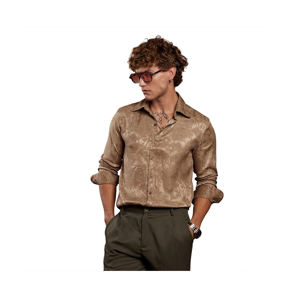 Click here for Campus Sutra Mens Peanut Brown Flora-Textured Shir... prices
