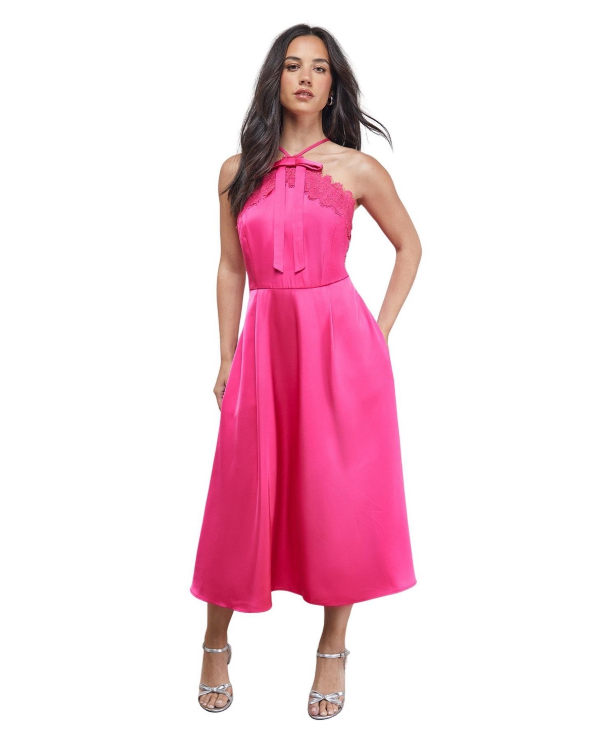 Click here for Oasis Womens Lace Detail Midi Prom Dress - Magenta prices