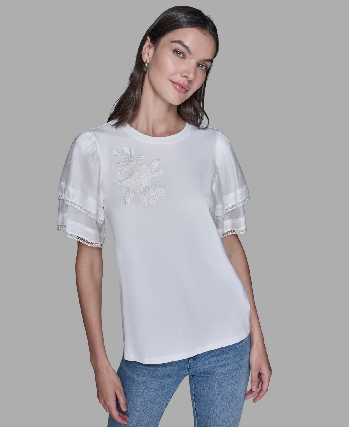 Click here for Karl Lagerfeld Paris Womens Ruffled Crewneck Flora... prices