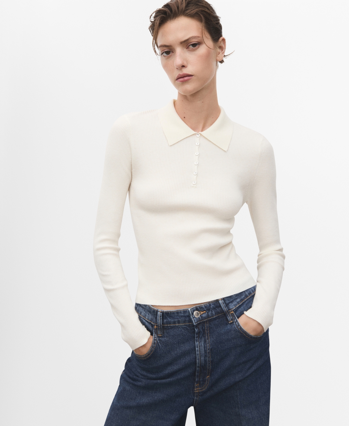 Click here for Mango Womens Polo-Neck Ribbed Sweater - Ecru prices
