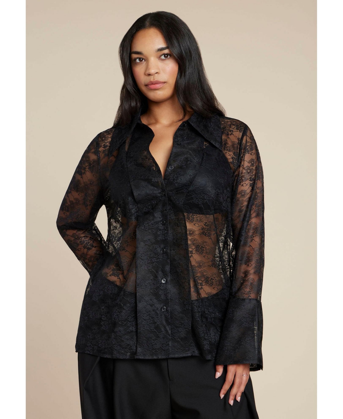 Click here for Eloquii Womens Sheer Lace Button Up Top - Black on... prices