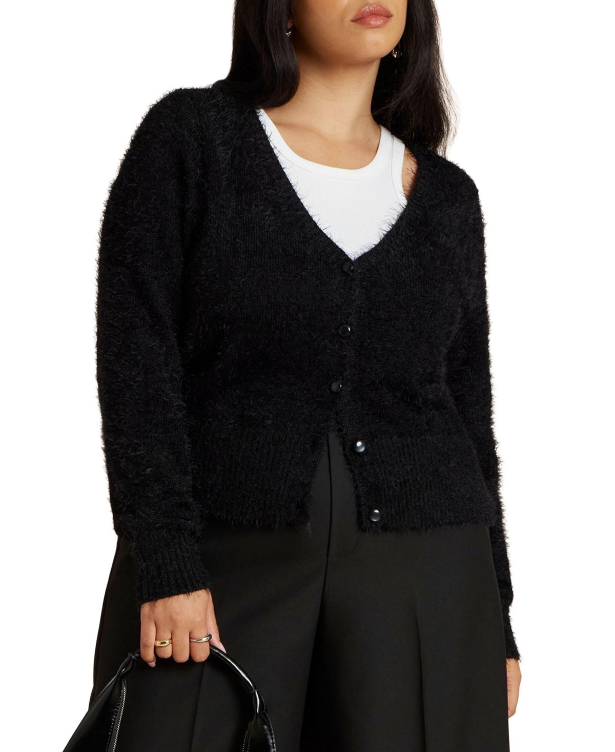 Click here for Eloquii Womens Fuzzy Cardigan - Black onyx prices