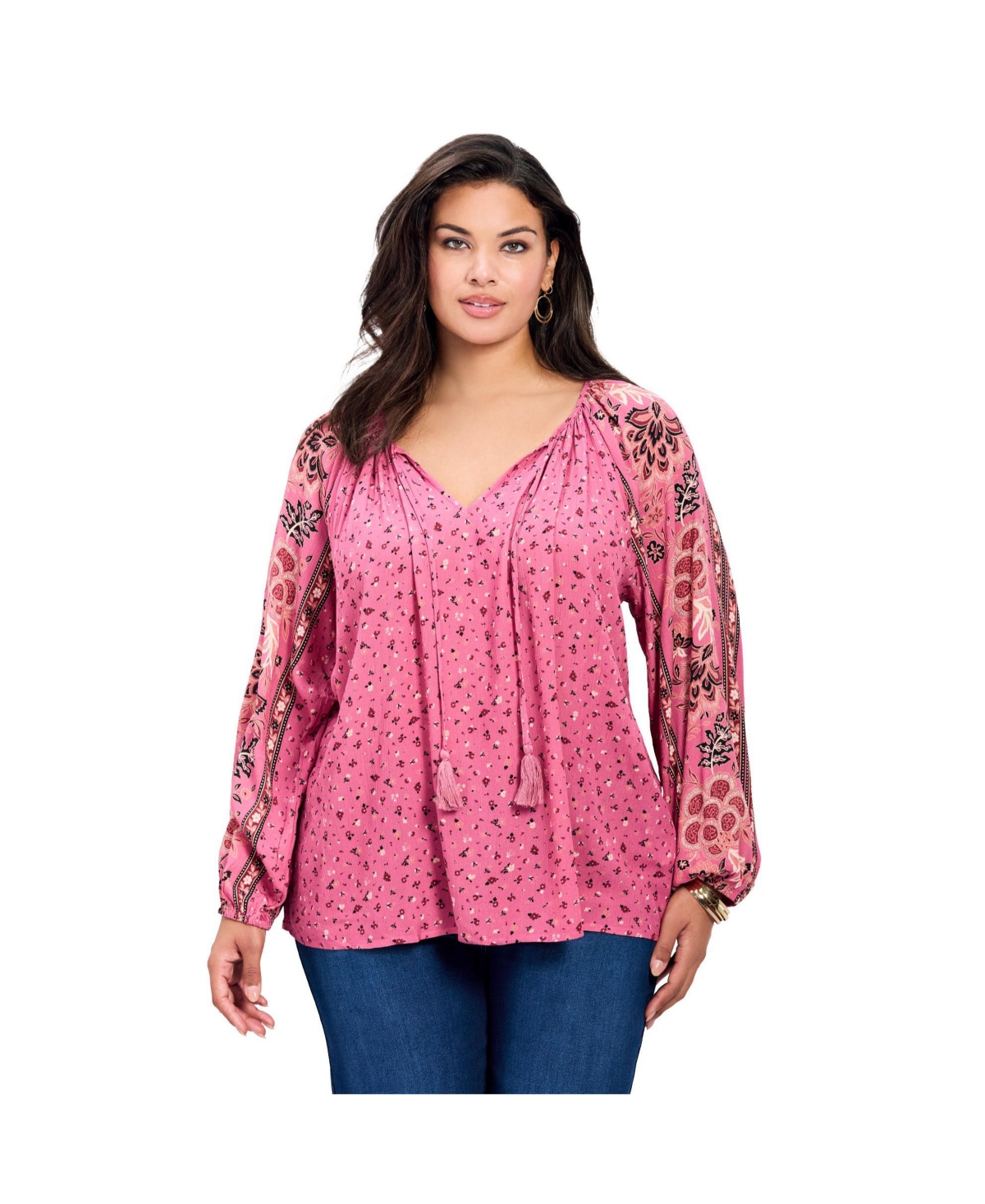 Click here for Avenue Womens Eliana Border Print Sleeve Peasant T... prices