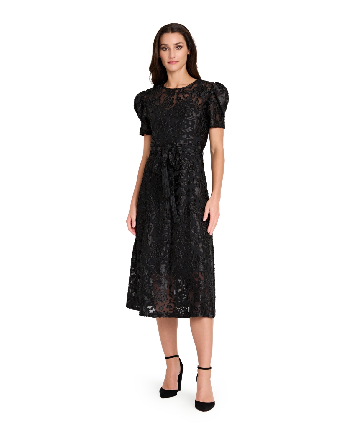Click here for Tahari Asl Petite Puff Sleeve Burnout Dress - Blac... prices