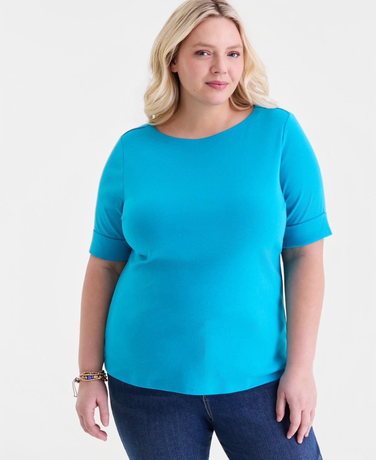 Click here for Style & Co Plus Size Boat-Neck Elbow Sleeve Cotton... prices