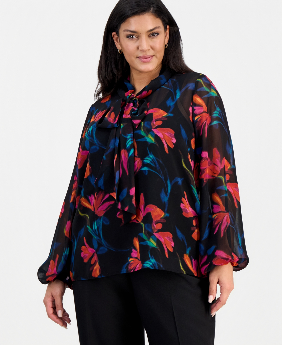 Click here for Tahari Asl Plus Size Scarf-Neck Top - Black Pink F... prices