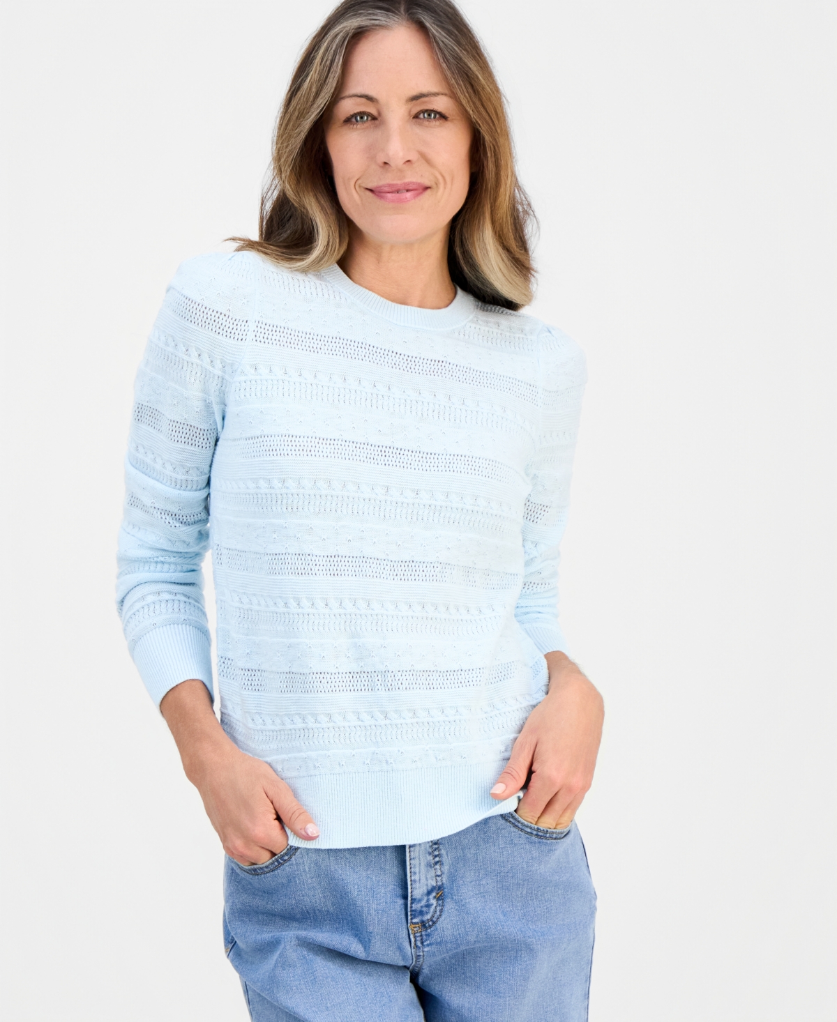 Click here for Style & Co Petite Crewneck Pointelle Long-Sleeve S... prices