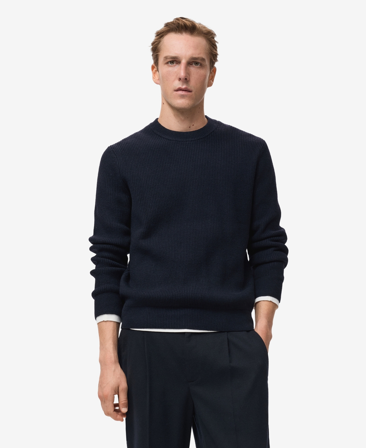 Click here for Mango Mens Ribbed Wool-Blend Sweater - Navy prices