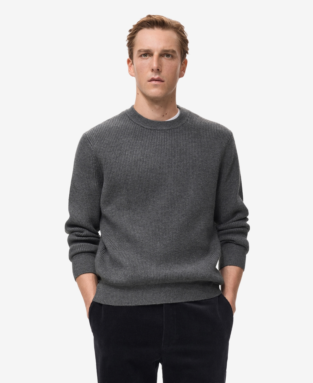 Click here for Mango Mens Ribbed Wool-Blend Sweater - Dark Heathe... prices