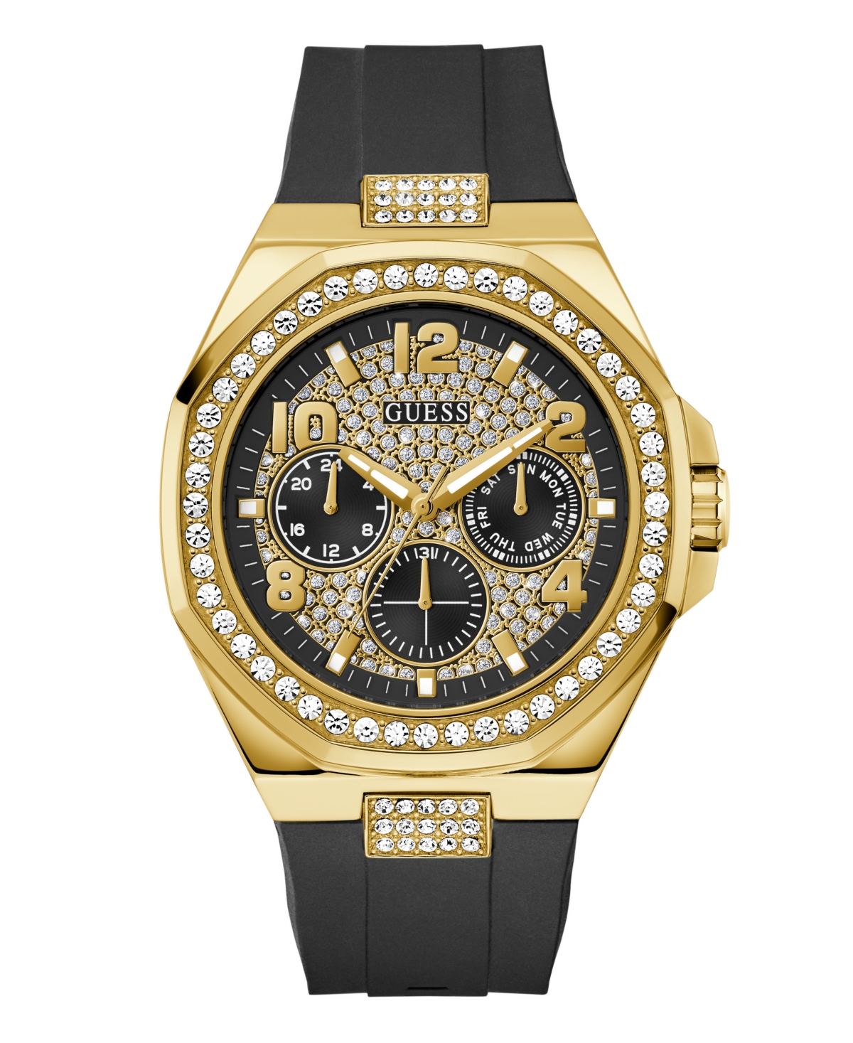 Click here for Guess Mens Gold-Tone Black Silicone Multi-Function... prices