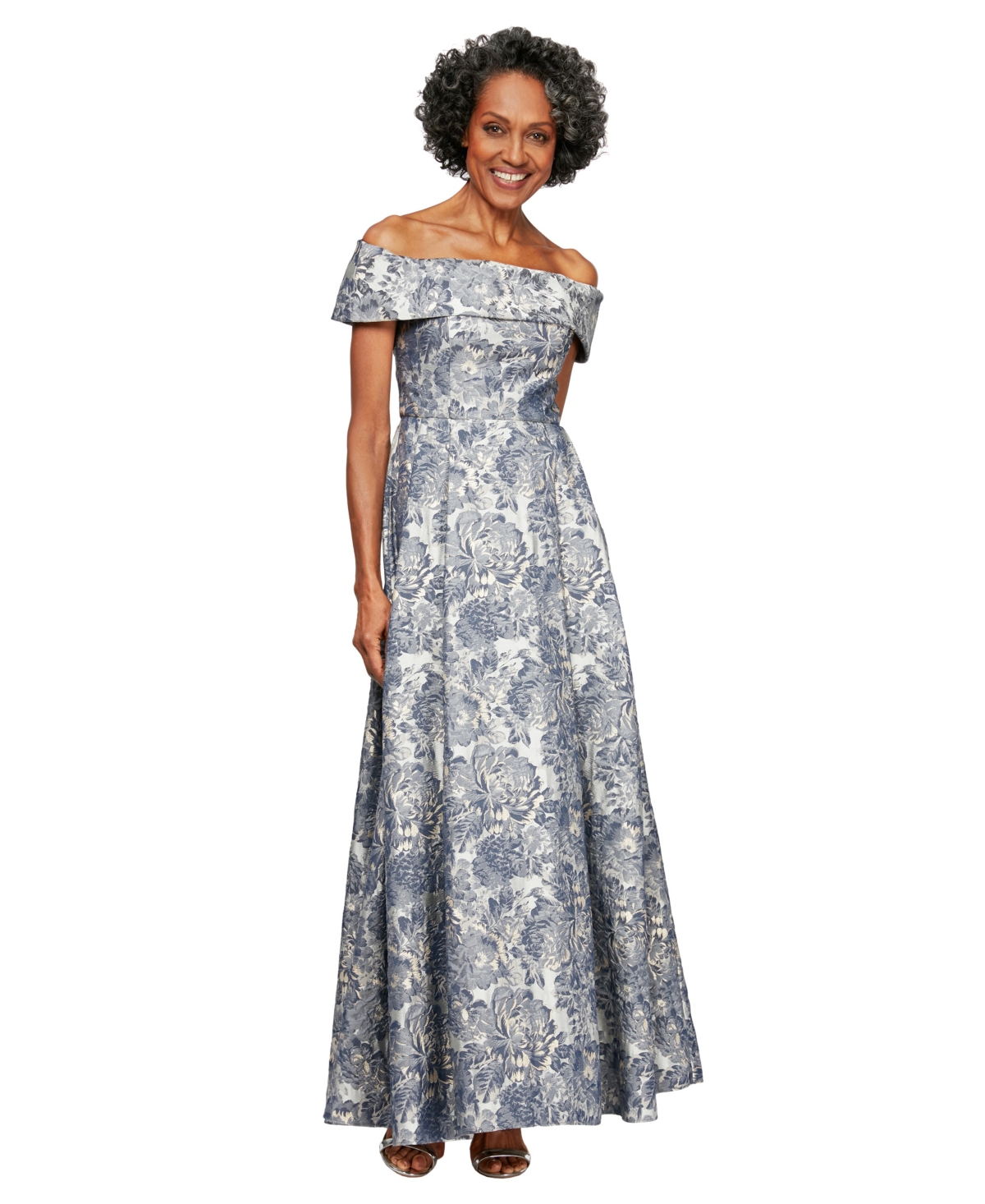 Click here for Alex Evenings Printed Off-The-Shoulder Gown - Silv... prices