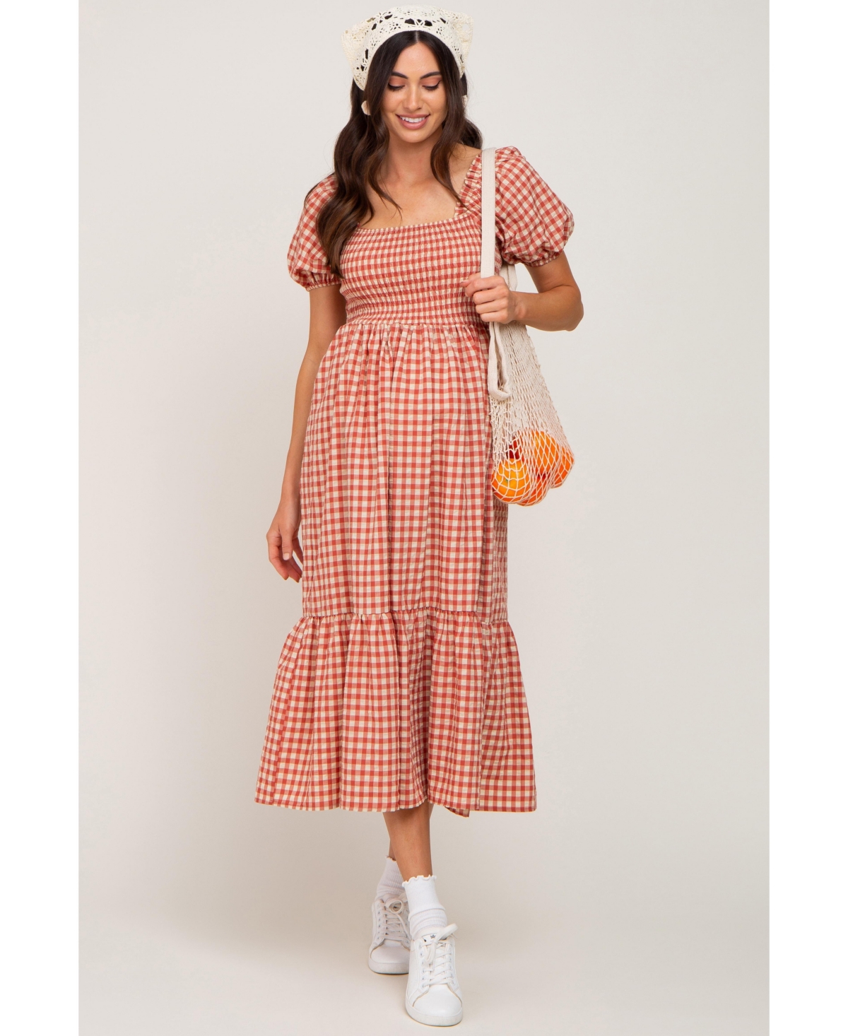 Click here for Pinkblush Maternity Olive Gingham Smocked Midi Dre... prices