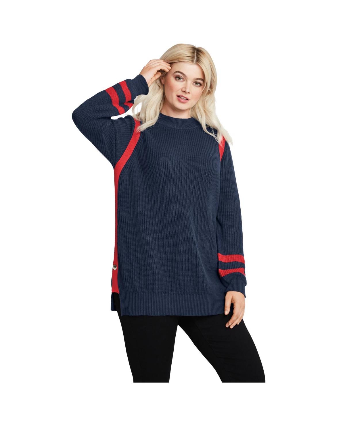 Click here for ellos Womens Side Stripe Mockneck Sweater - Navy prices
