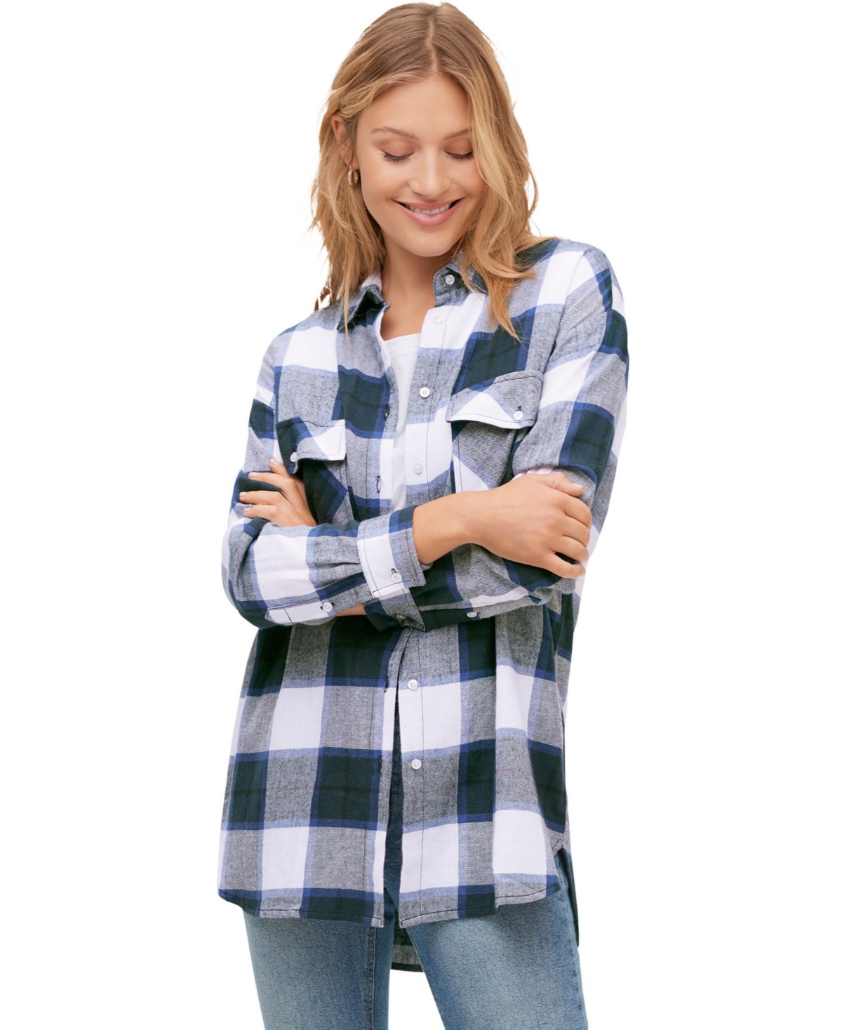 Click here for ellos Womens Plaid Button-Front Flannel Tunic - Na... prices