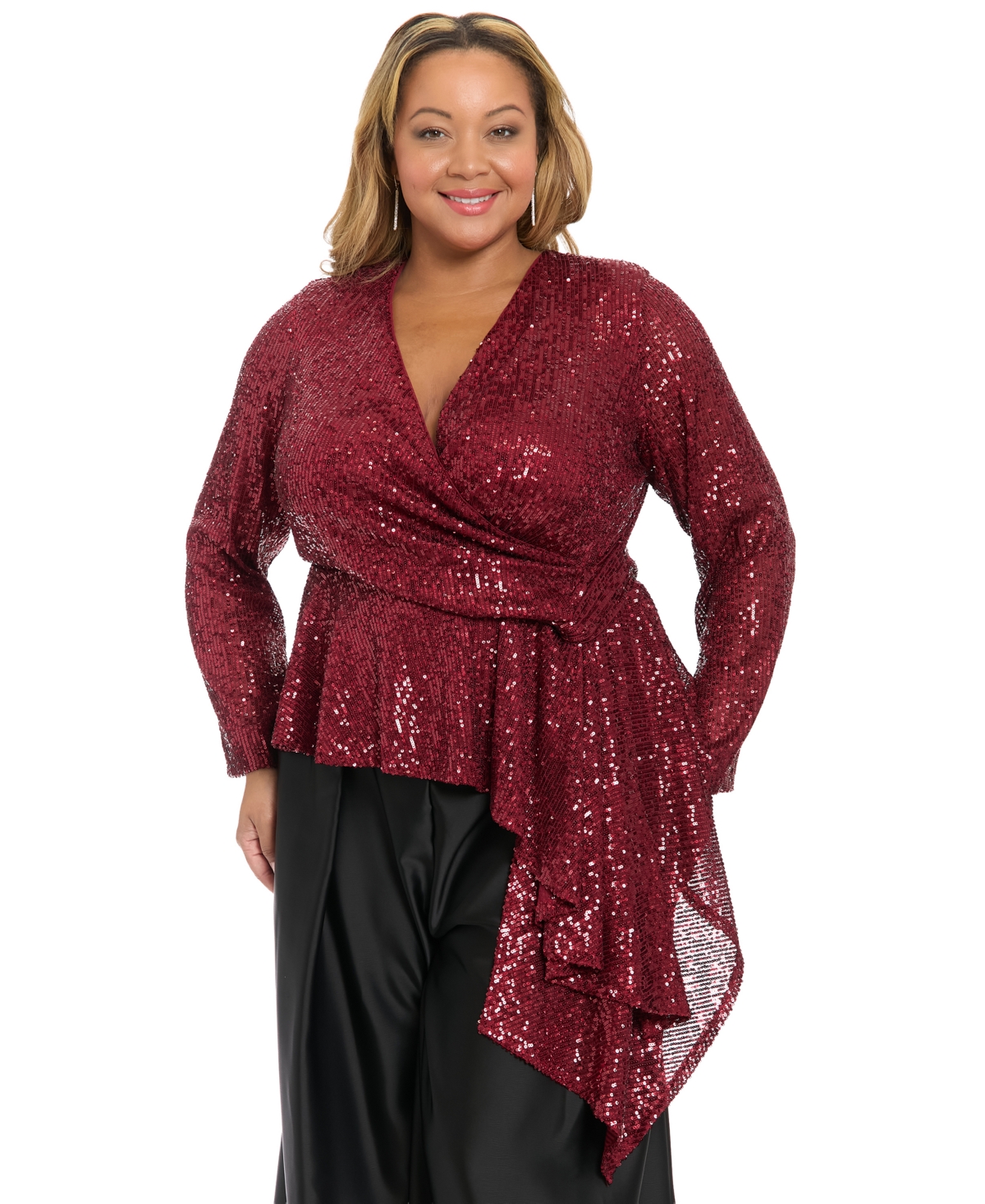 Click here for Muse Plus Size Sequin Long-Sleeve Top - Wine prices