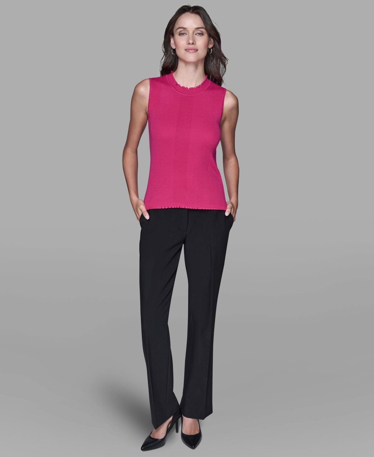 Click here for Karl Lagerfeld Paris Womens Ruffled Rib-Knit Sleev... prices