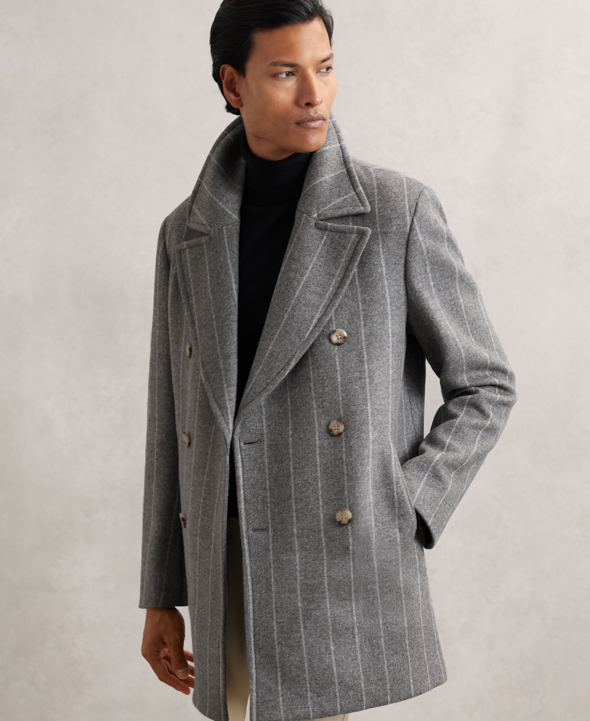 Reiss Mens Wool-Blend Chalk-Stripe Pea Coat - Gray