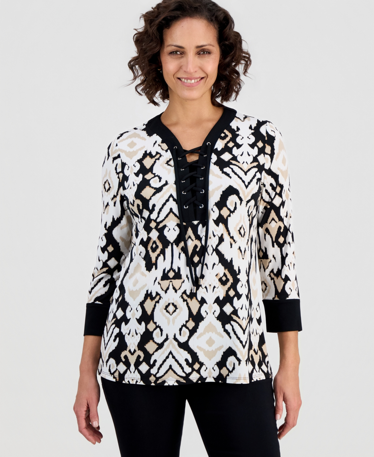 Click here for Jm Collection Womens Lace-Up 3/4-Sleeve Printed To... prices