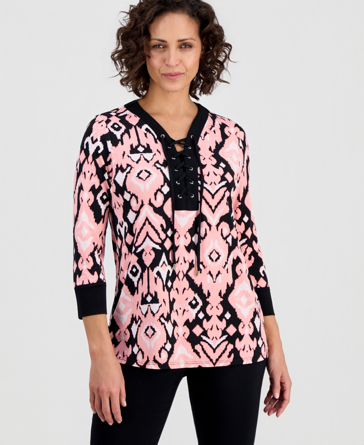 Click here for Jm Collection Womens Lace-Up 3/4-Sleeve Printed To... prices