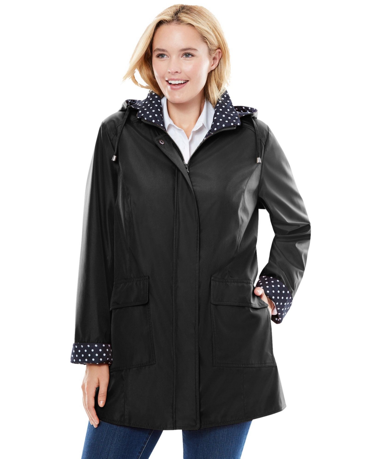 Click here for Woman Within Plus Size Dot Trim Raincoat - Black prices