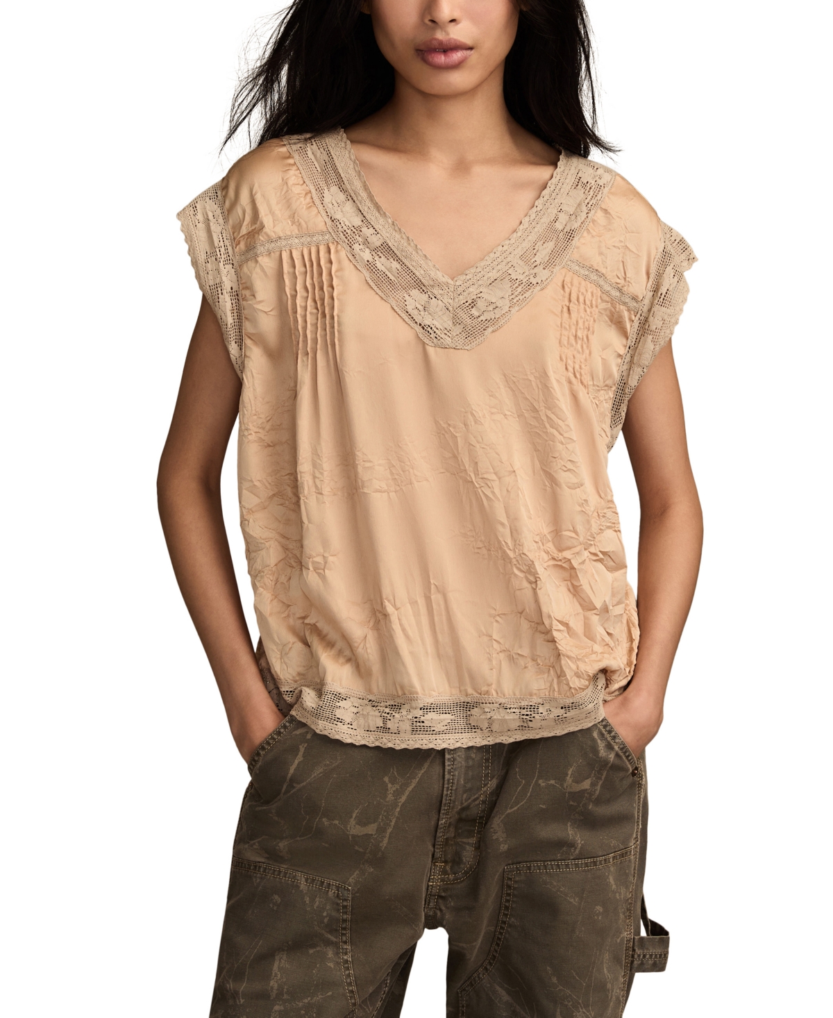 Click here for Lucky Brand Womens Lace Dolman Sleeve Top - Clay prices