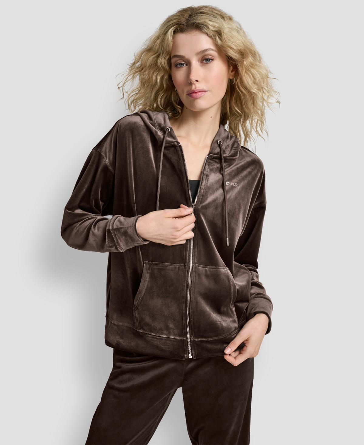 Click here for Dkny Womens Platinum Velour Rhinestone Logo Full-Z... prices