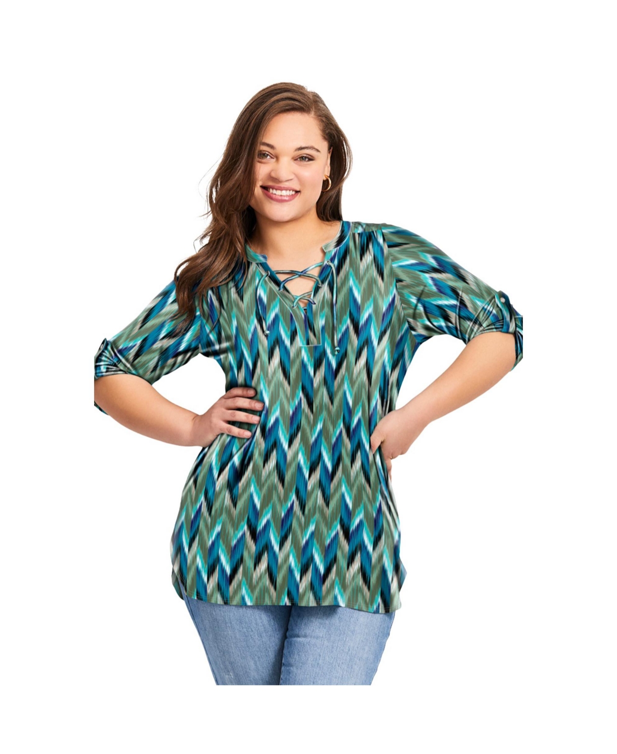 Click here for Avenue Womens Lace Up Tee - Teal ikat prices