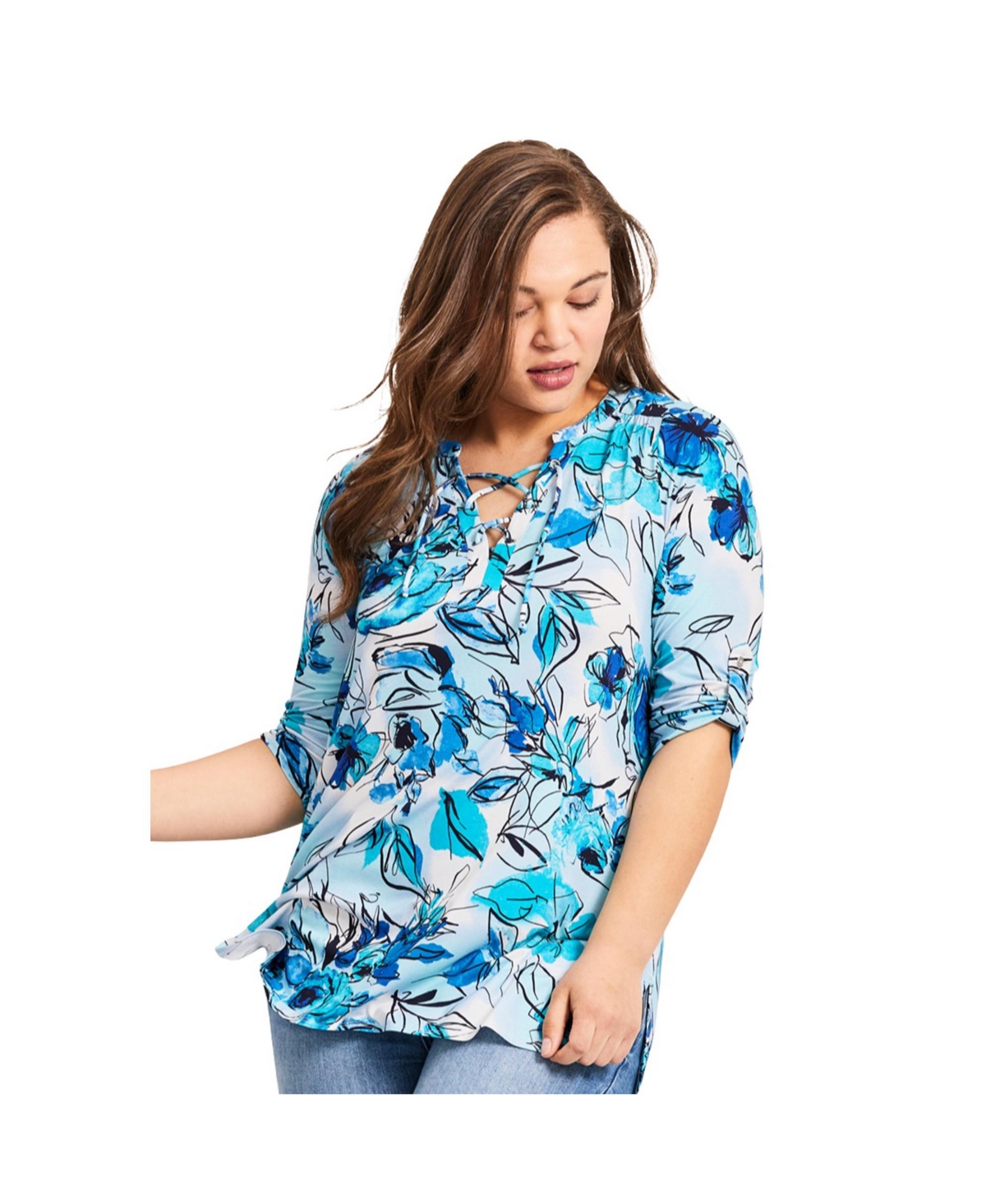 Click here for Avenue Womens Lace Up Tee - Blue spray rose prices