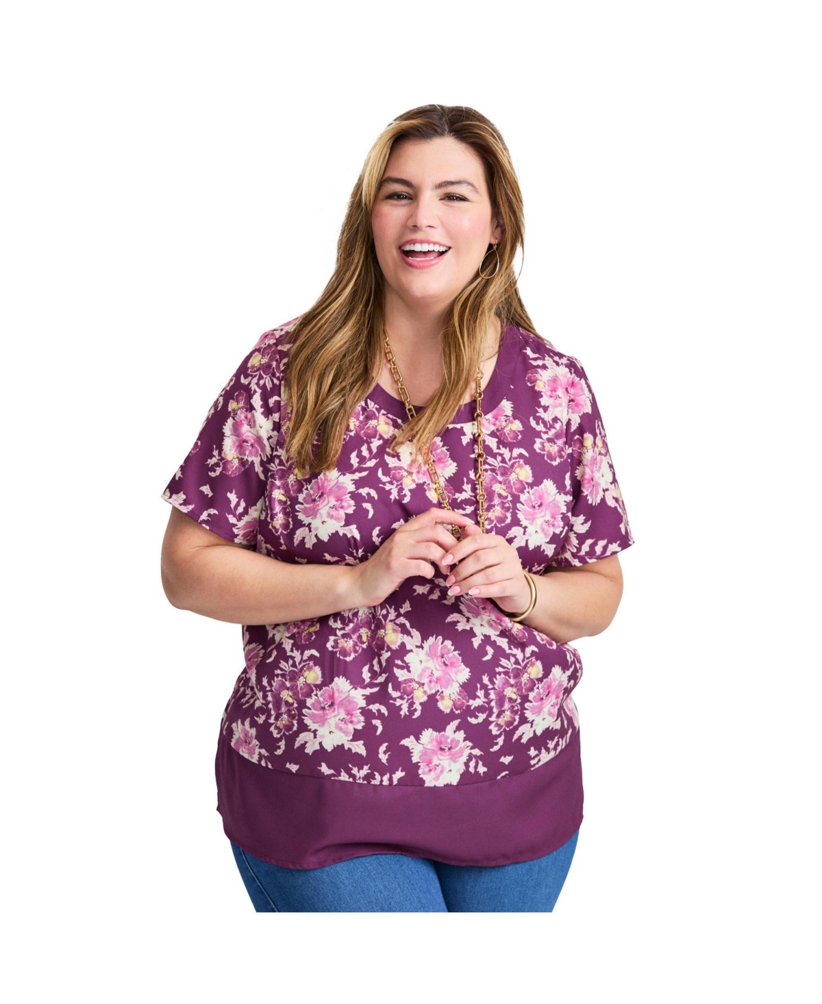 Click here for Avenue Womens Color Block Hem Top - Berry painterl... prices