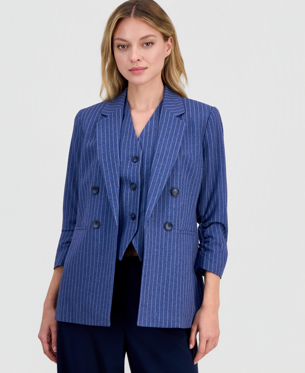 Click here for Bar Iii Womens Pinstripe Notched-Collar Jacket  Ma... prices