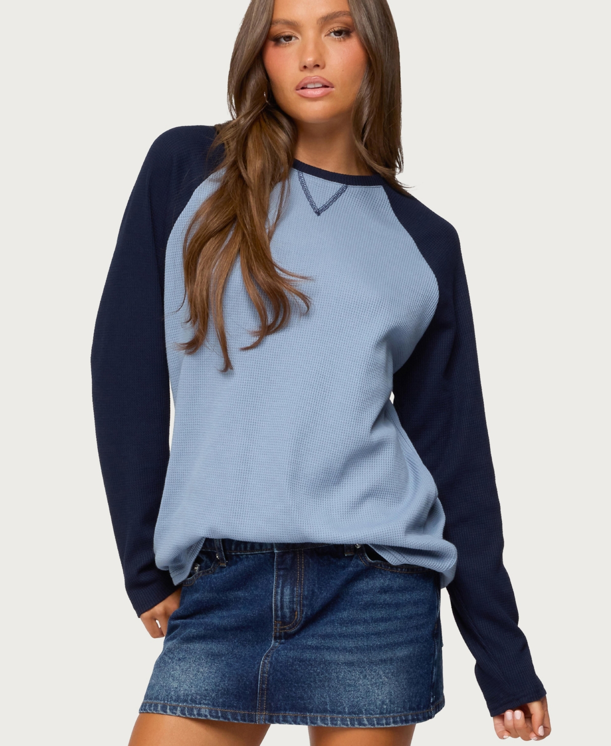 Click here for Edikted Womens Me Time oversized waffle top - Blue prices