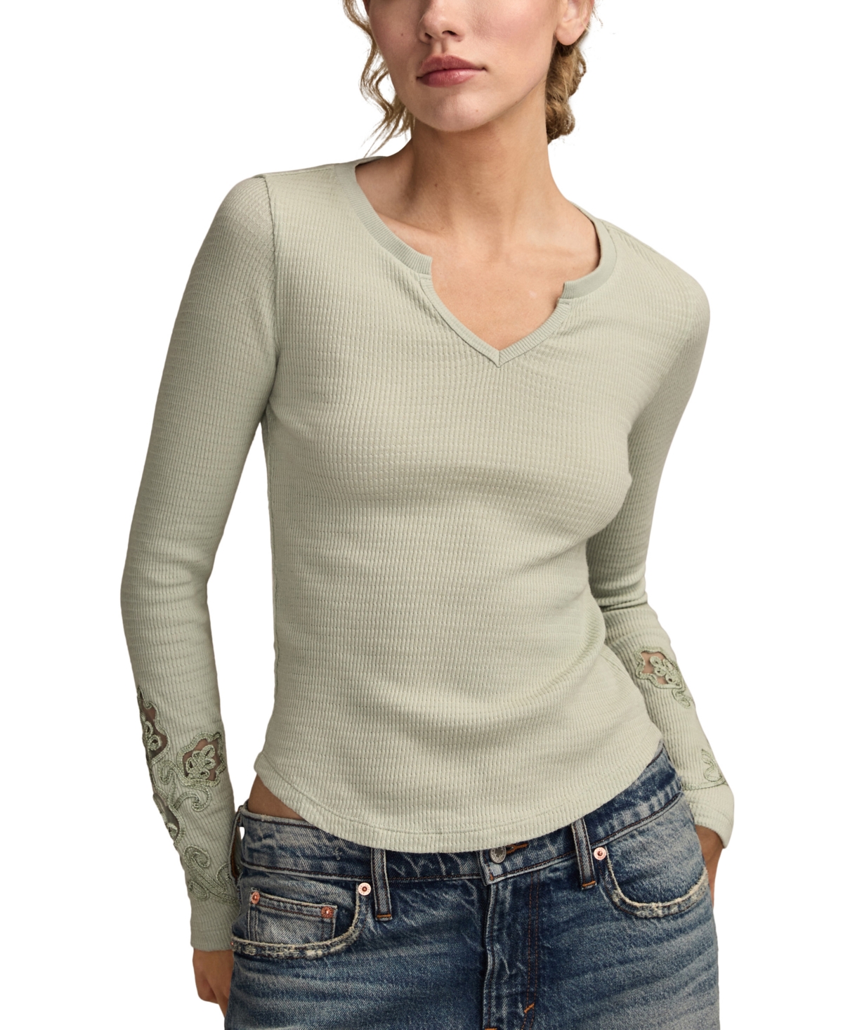 Click here for Lucky Brand Womens Cutwork Notch Neck Top - Aqua G... prices