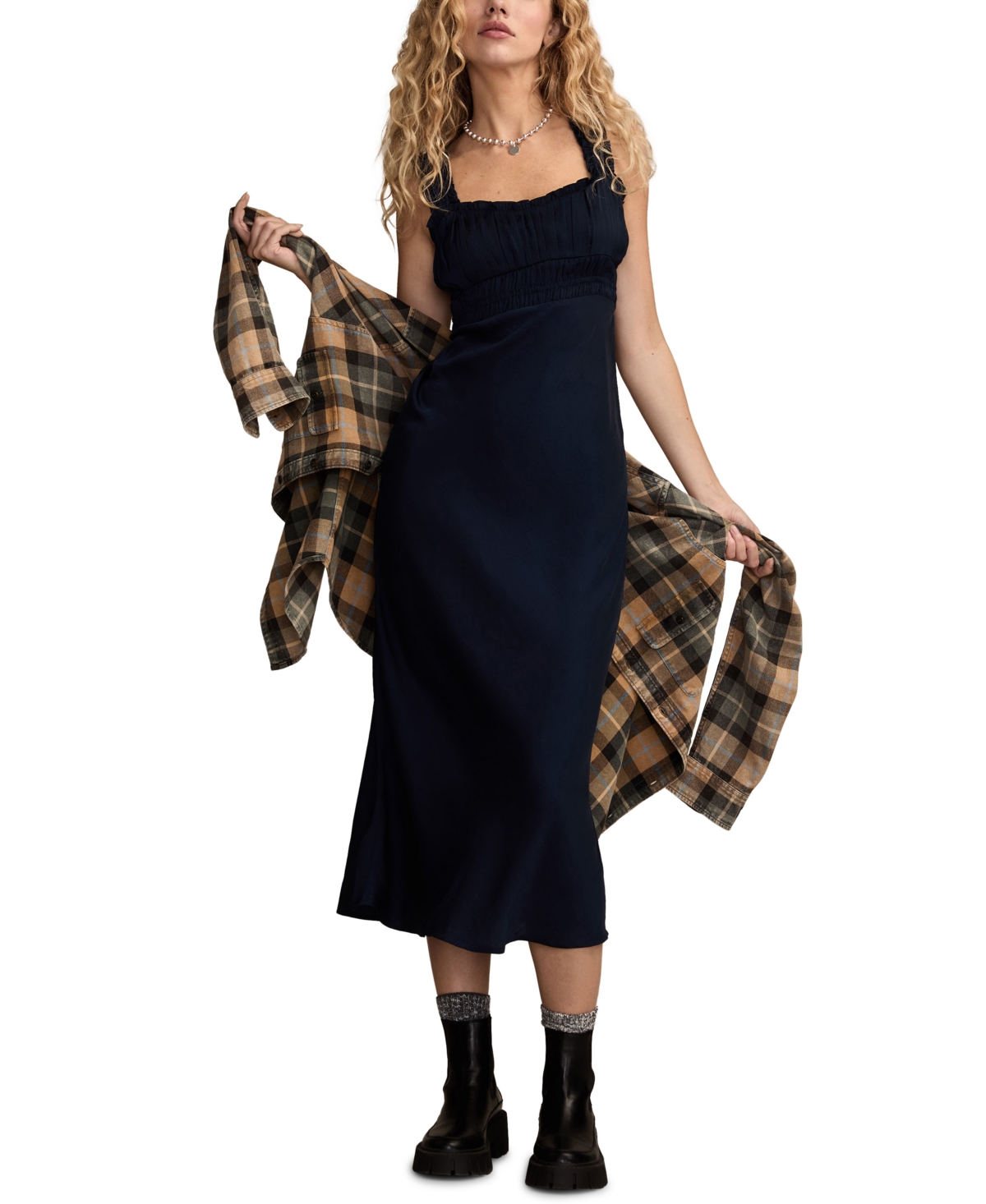 Click here for Lucky Brand Womens Ruched Bodice Slip Midi Dress -... prices