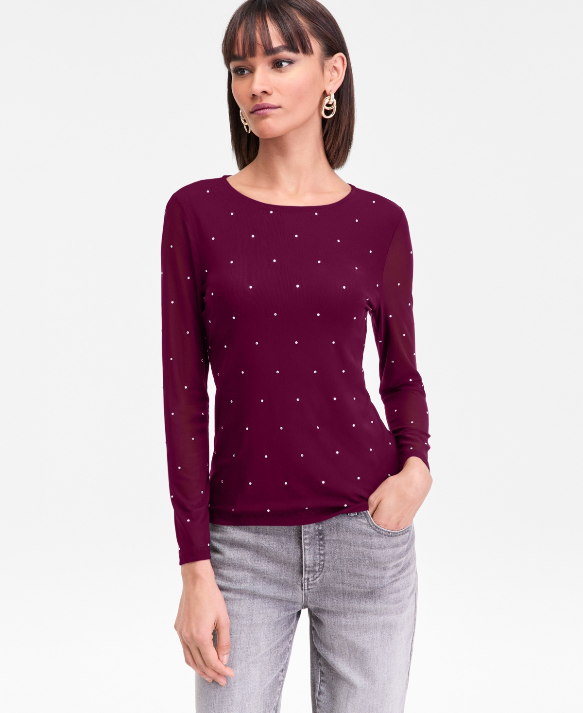 I.n.c. International Concepts Womens Crystal Mesh Long-Sleeve Top  Macys Exclusive - New Maroon