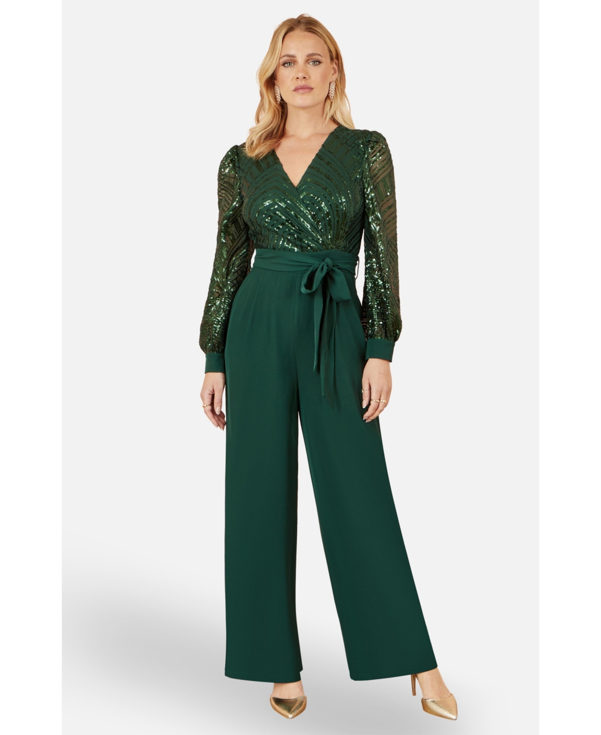 Click here for Yumi Womens Sequin Wrap Over Jumpsuit - Green prices