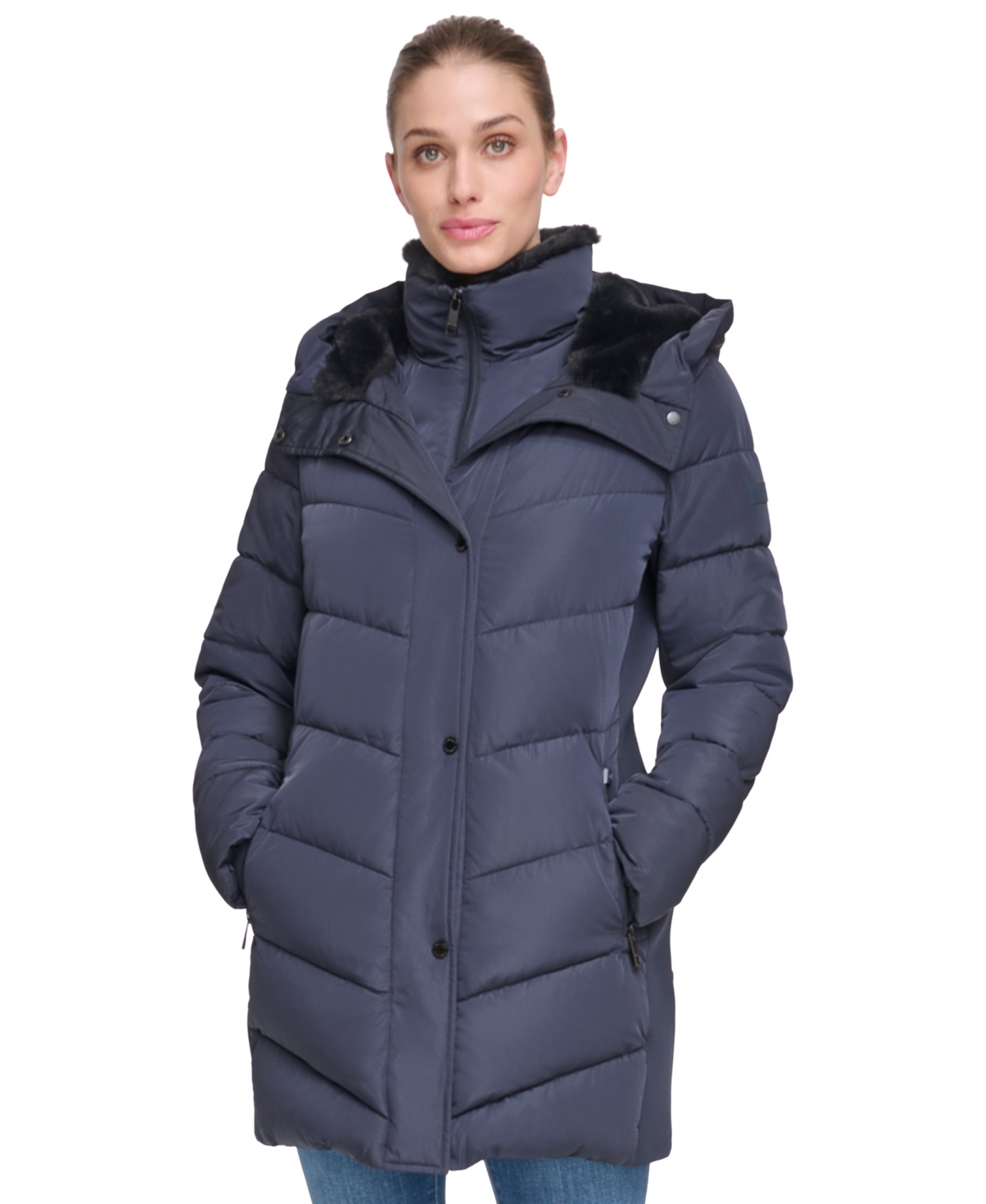 Click here for Calvin Klein Womens Lined Hooded Puffer Coat - Nav... prices
