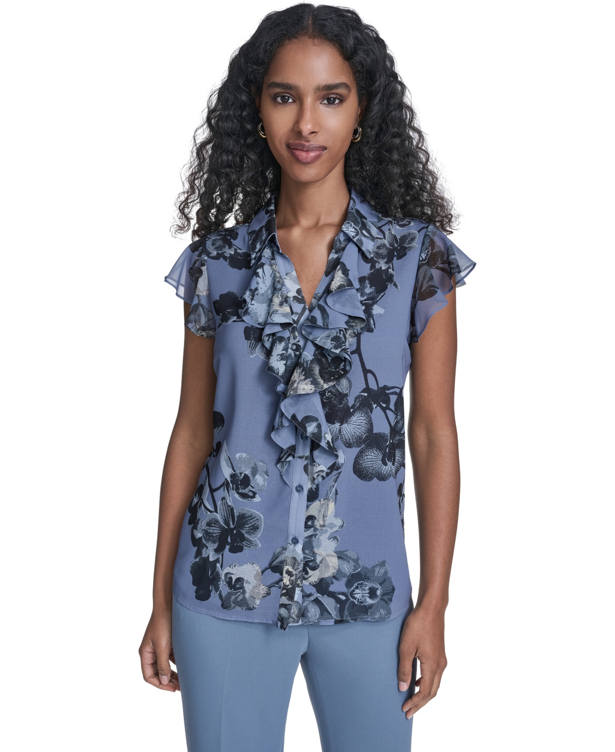 Click here for Calvin Klein Womens Printed Ruffle Front Top - Fli... prices