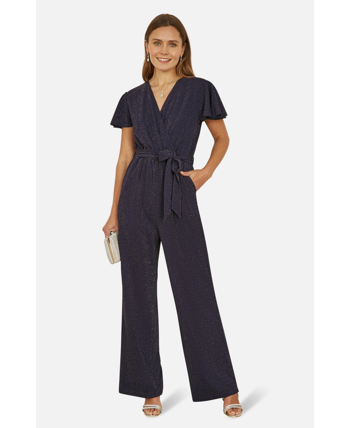 Click here for Yumi Womens Sparkle Stretch Wrap Over Jumpsuit - N... prices