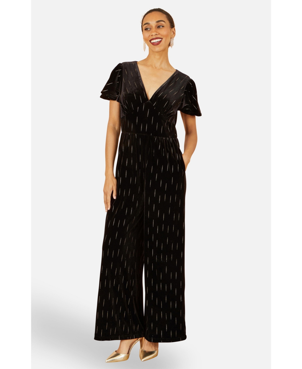 Click here for Yumi Womens Foil Print Velvet Jumpsuit - Black prices