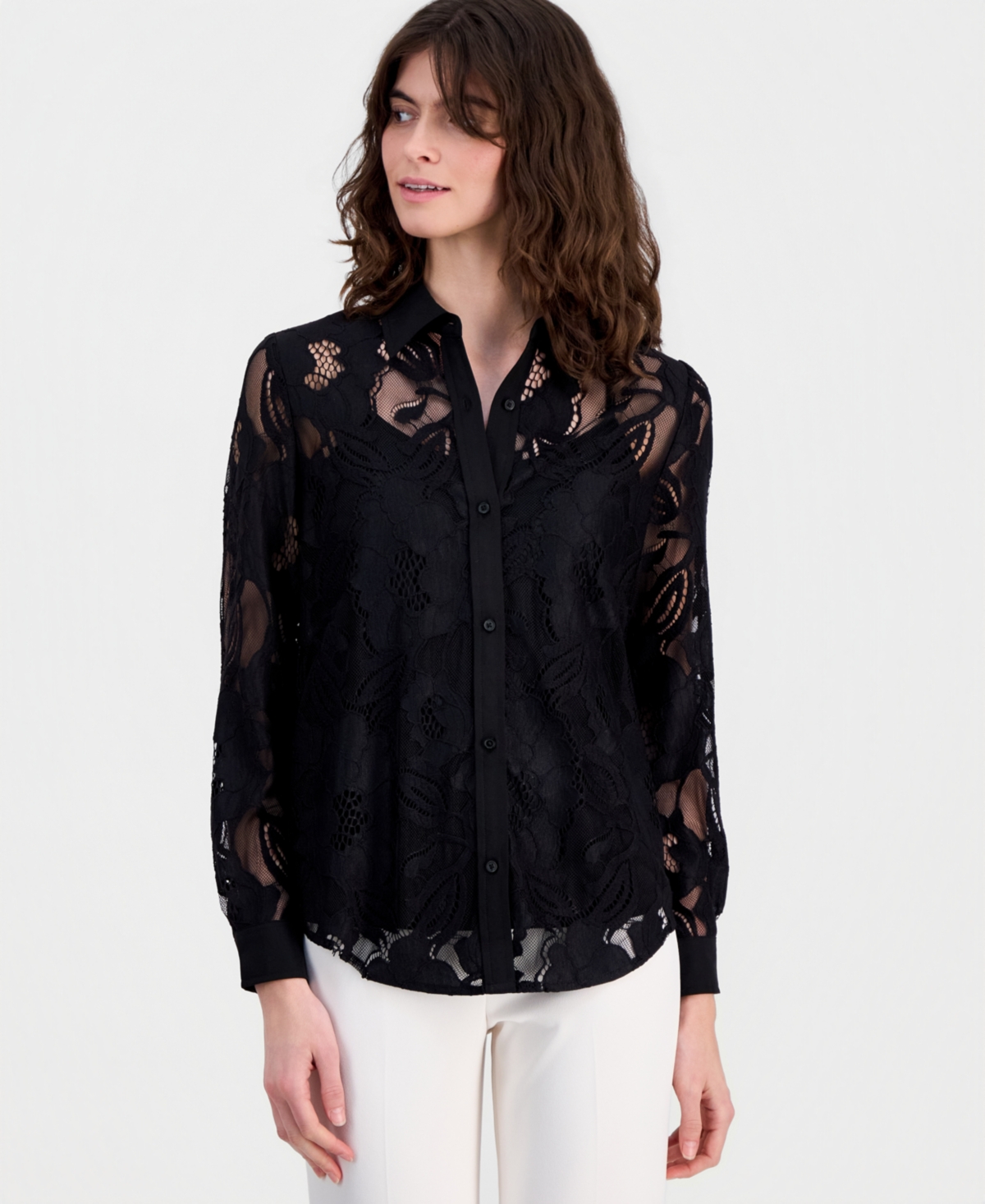 Click here for Anne Klein Womens Floral-Lace Button-Front Shirt -... prices