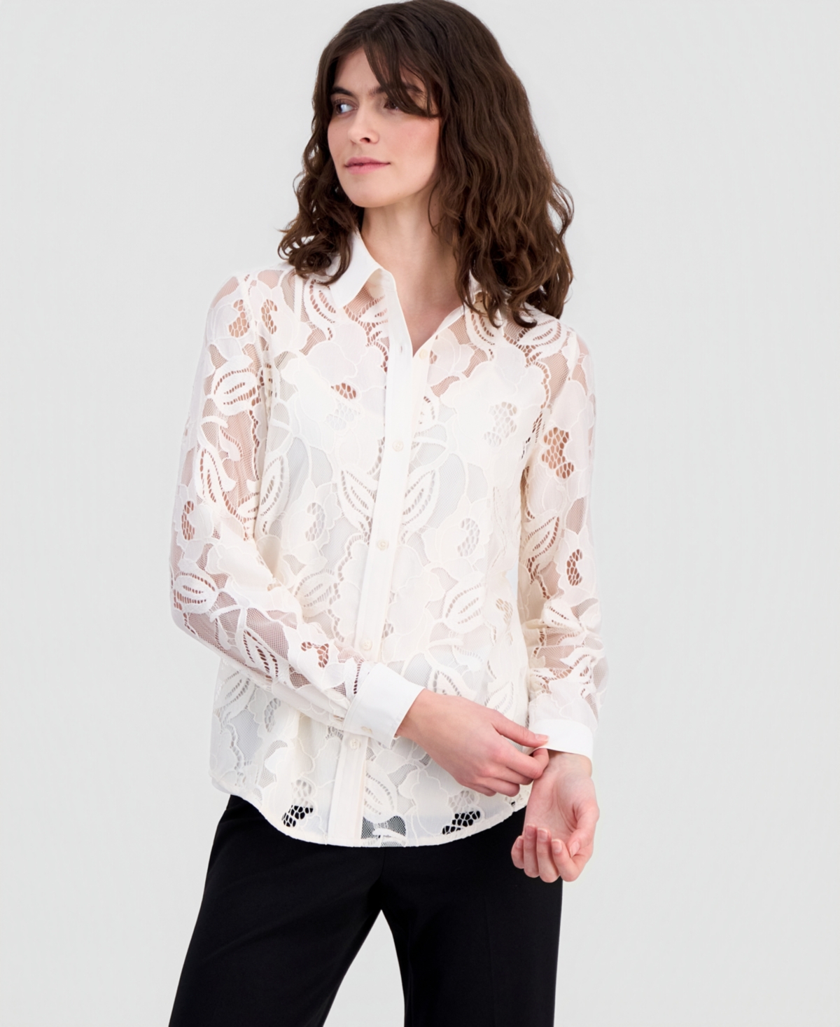 Click here for Anne Klein Womens Floral-Lace Button-Front Shirt -... prices