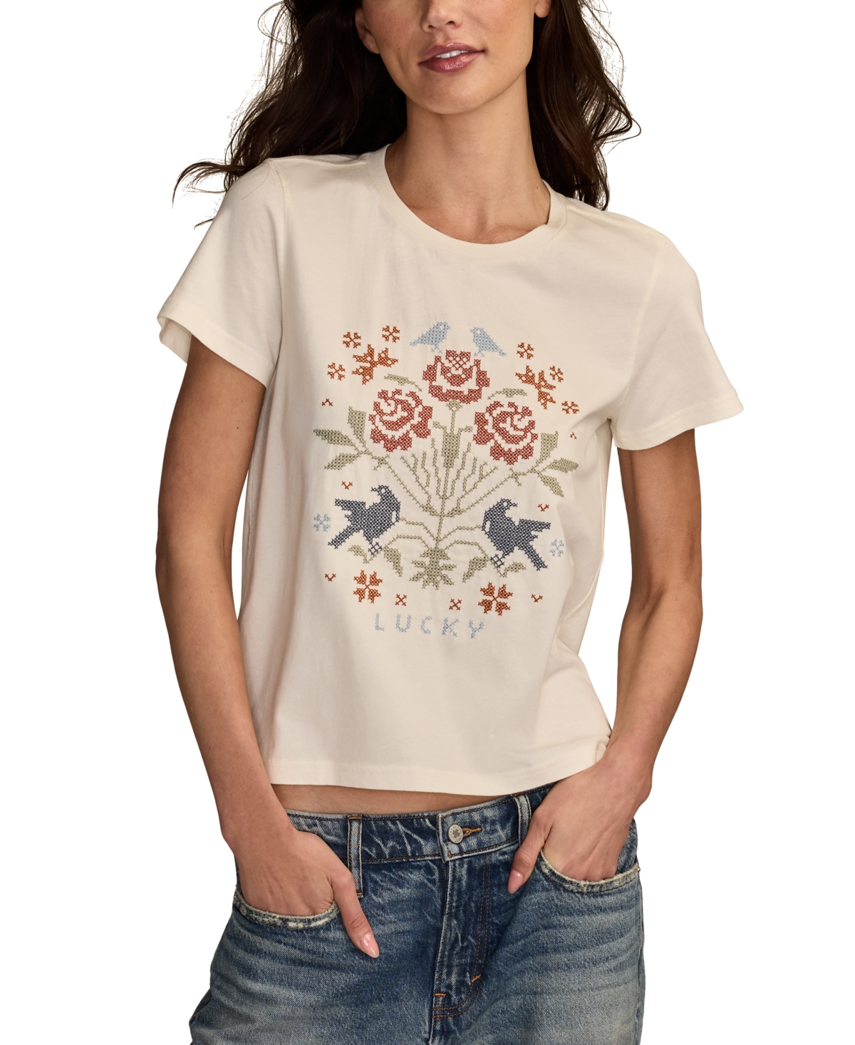 Click here for Lucky Brand Womens Cross Stitch Floral Crewneck T-... prices