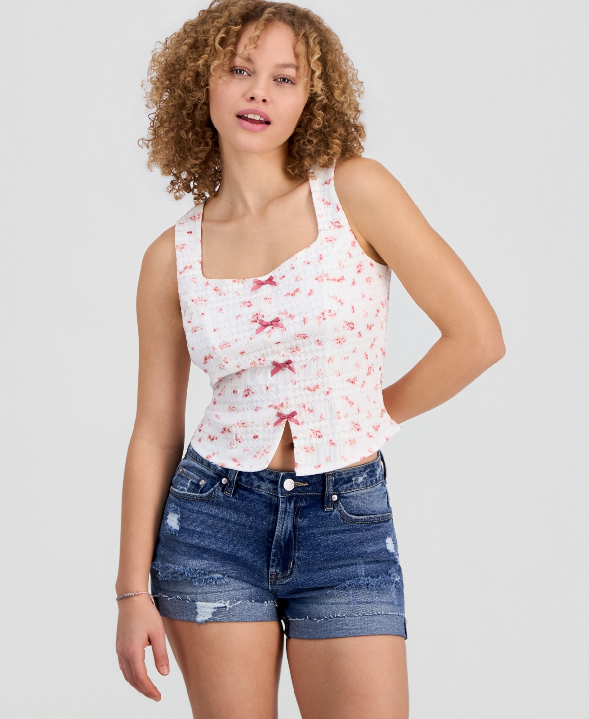 Click here for Just Polly Juniors Printed Lace Top - Pink Florals prices