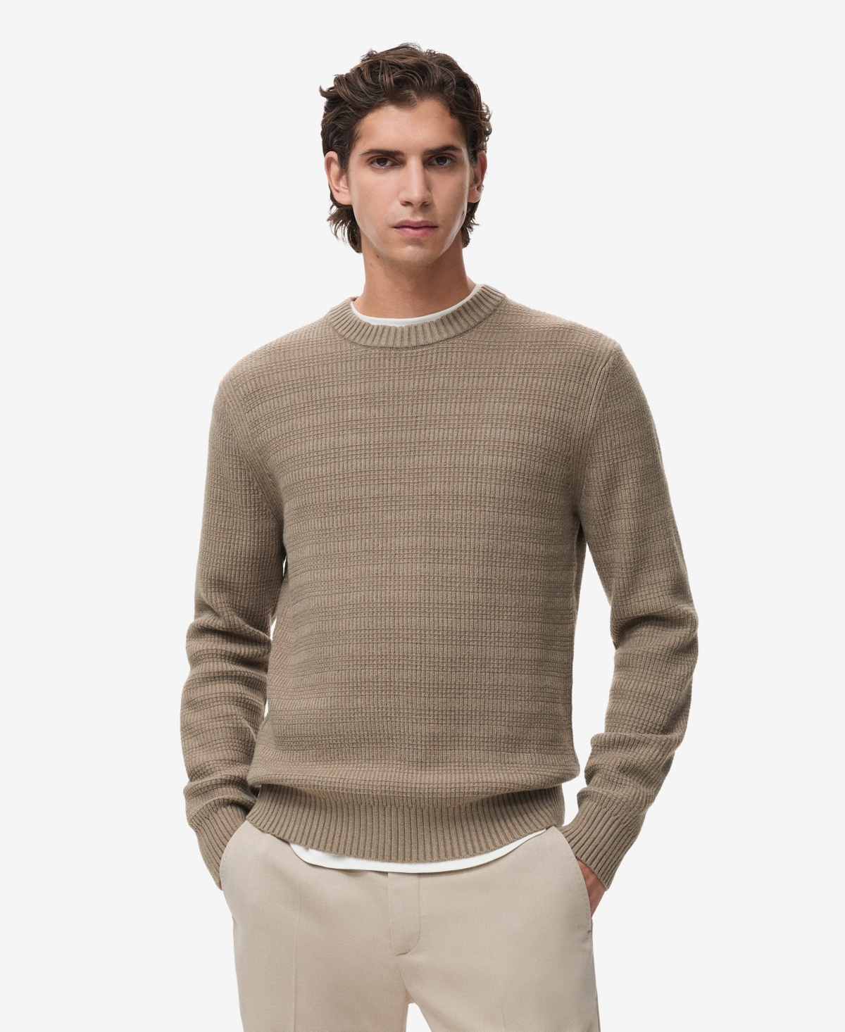 Click here for Mango Mens Structured Knitted Sweater - Medium Bro... prices