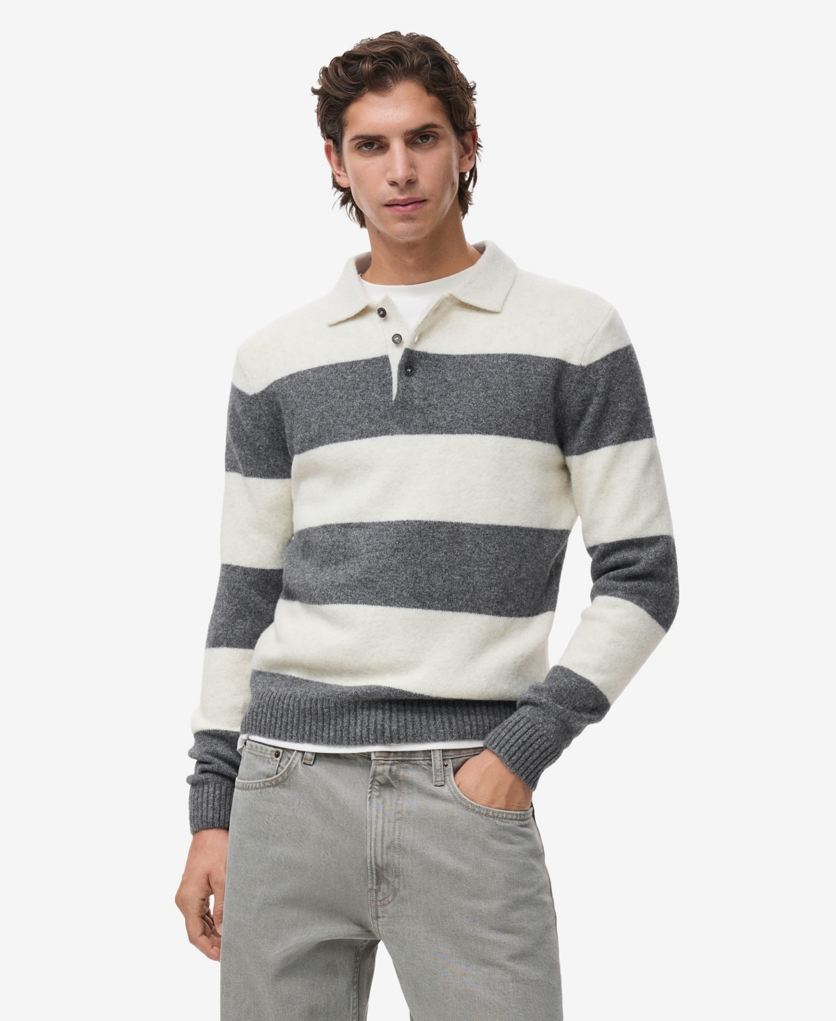 Click here for Mango Mens Knitted Wool Blend Polo Sweater - Ecru prices