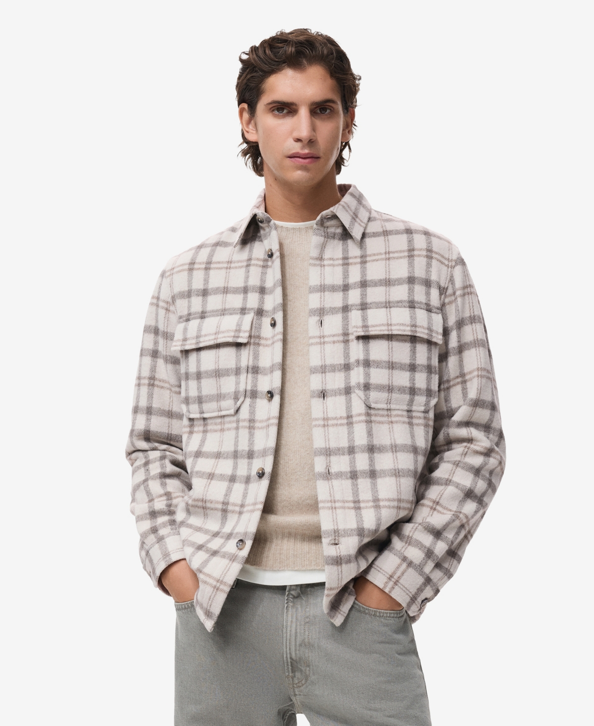 Click here for Mango Mens Check Flannel Overshirt - Ecru prices