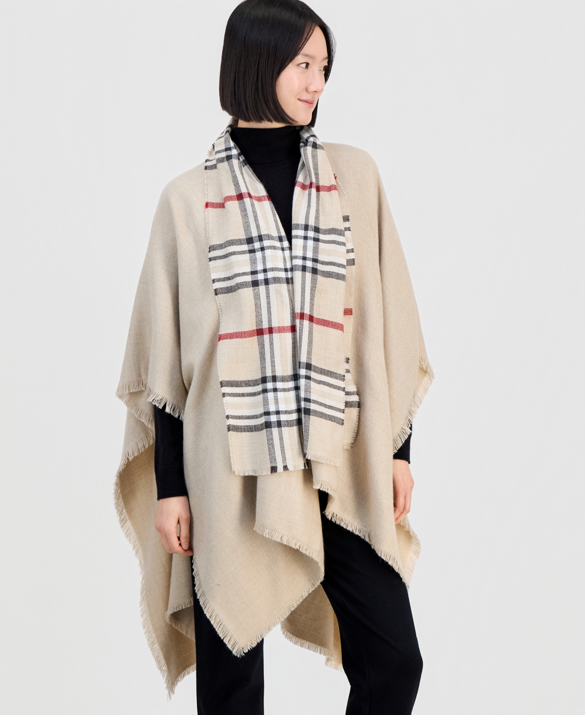 Click here for Fraas Solid Plaid Ruana Wrap - Latte prices