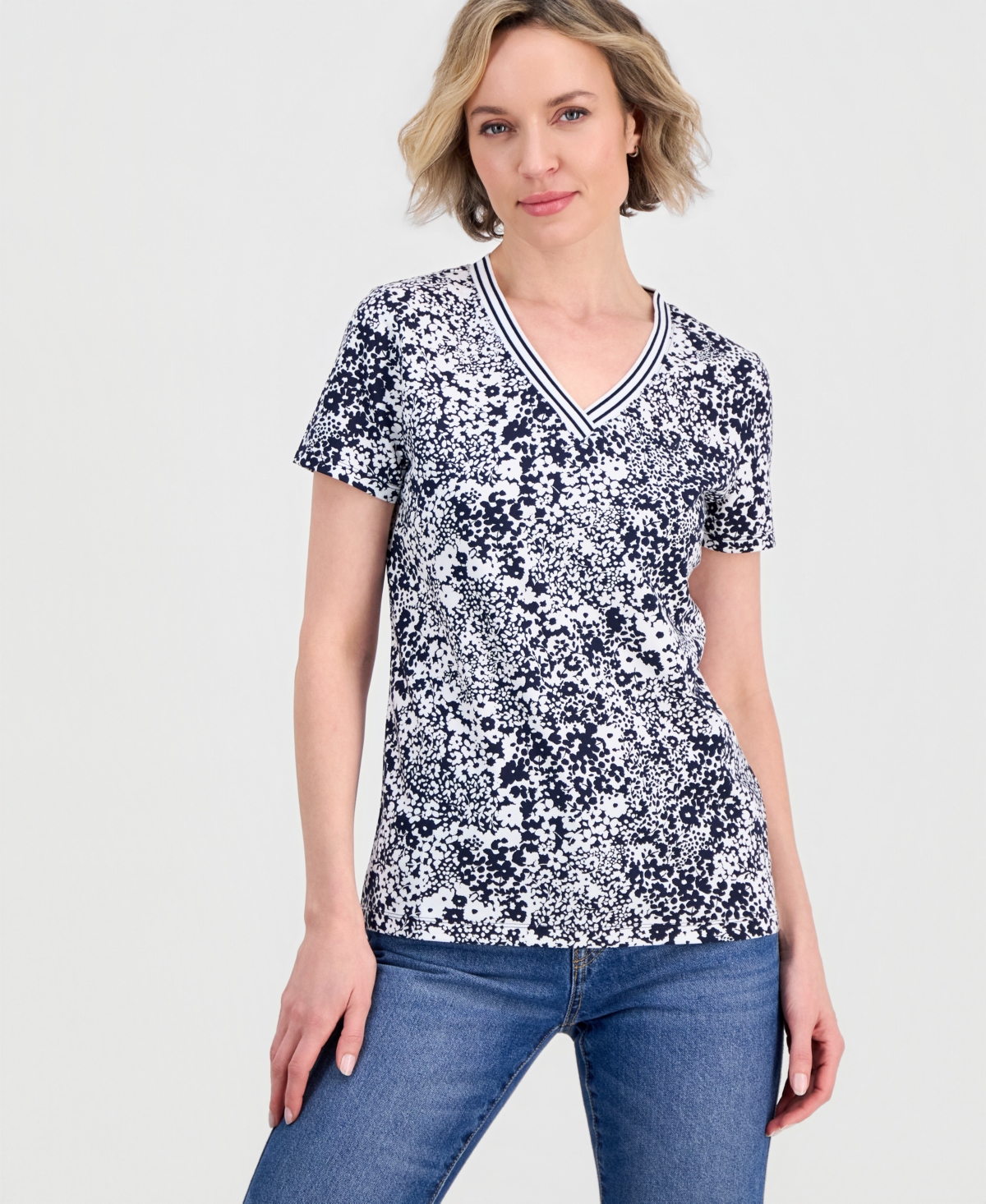 Click here for Nautica Womens Floral-Print Tipped T-Shirt - Night... prices