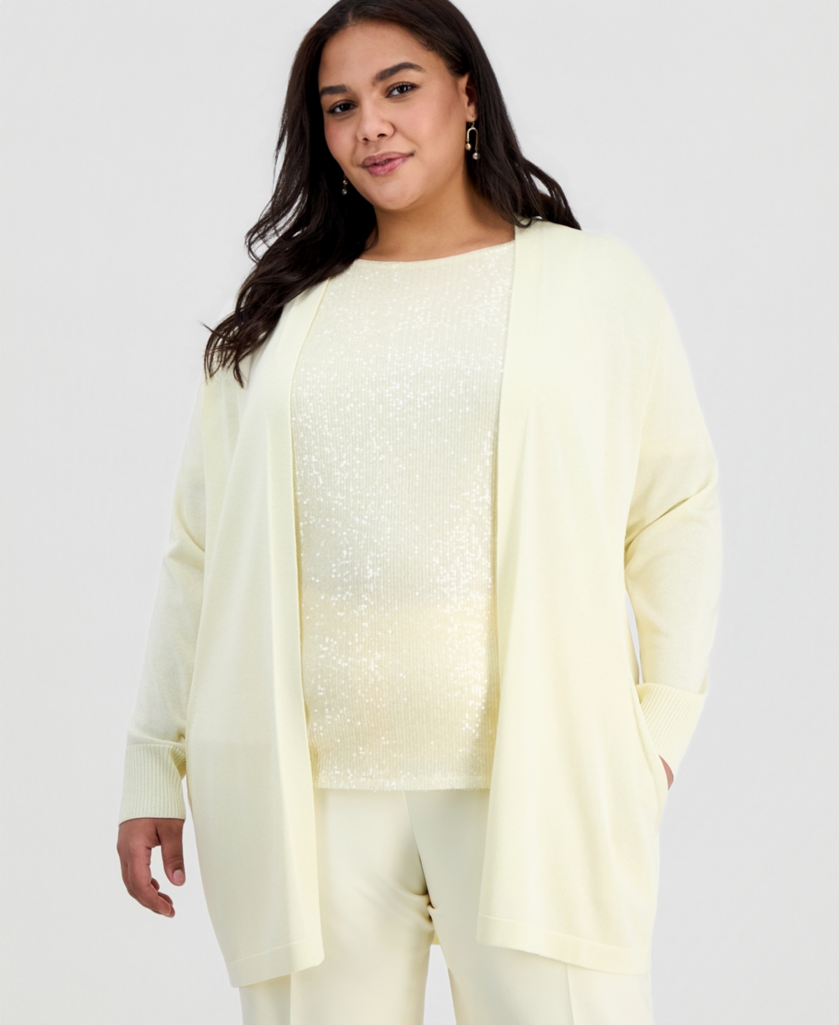 Anne Klein Plus Size Collarless Open-Front Cardigan - Whisper Yellow