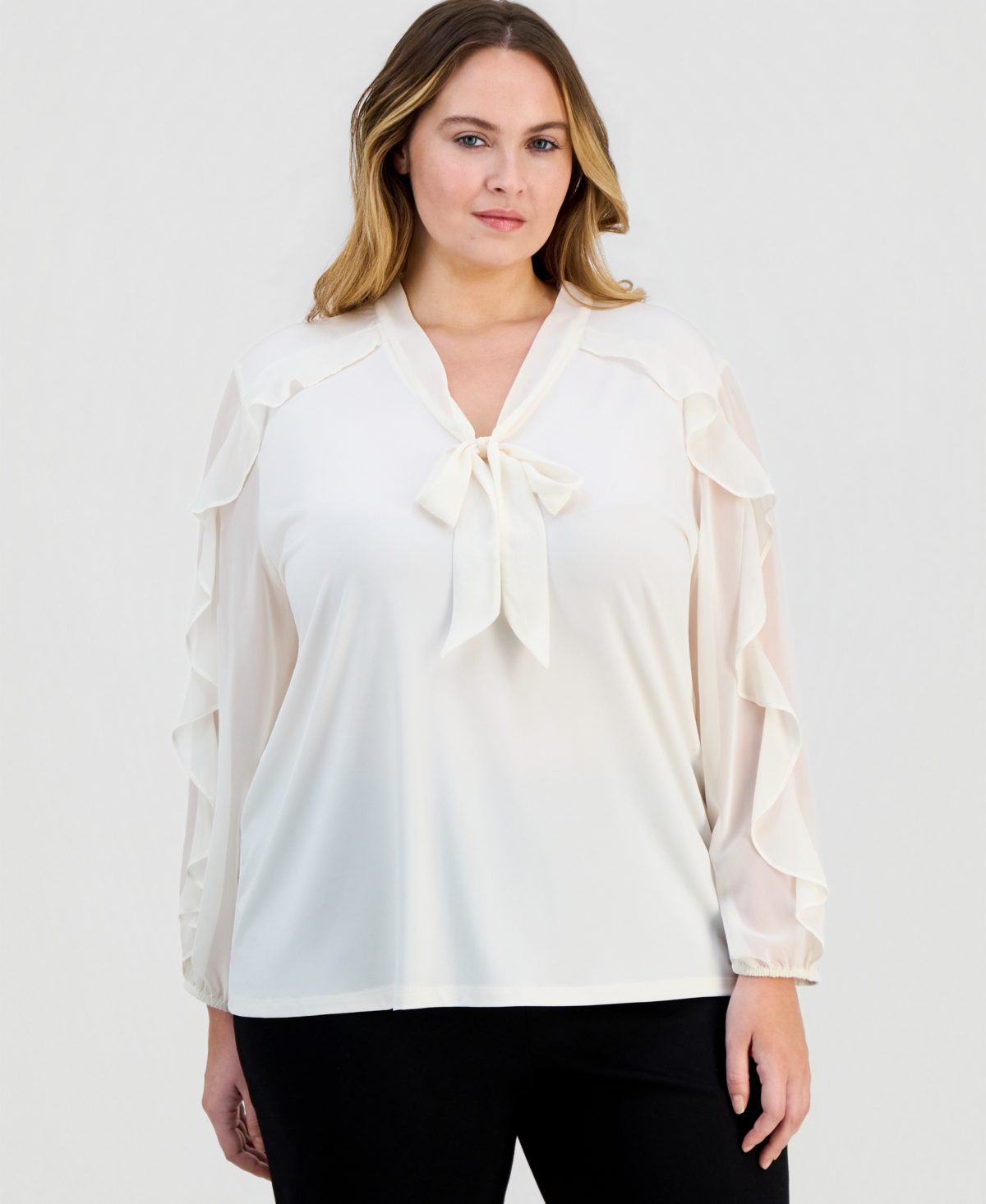 Click here for Anne Klein Plus Size Ruffle-Sleeve Tie-Neck Blouse... prices